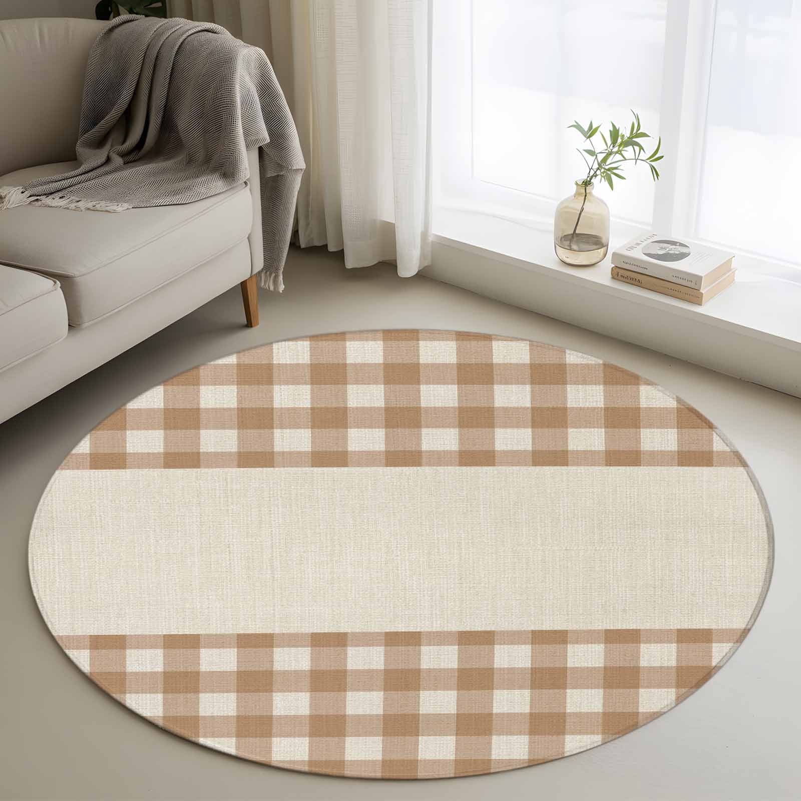 Brown Plaid 3FT Round Area Rugs Retro Country Brown Plaid Linen Texture ...