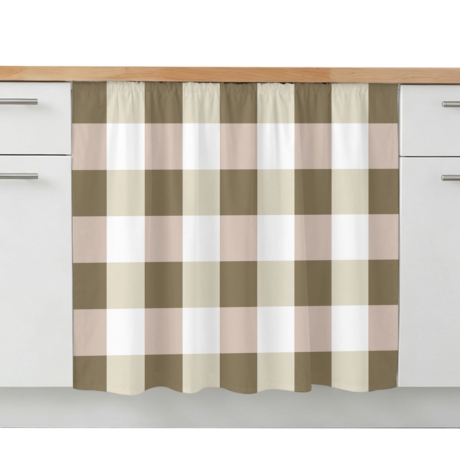 Brown Plaid Cabinet Curtains 28"W x 35"L,Dustproof Sink Skirt Curtain ...