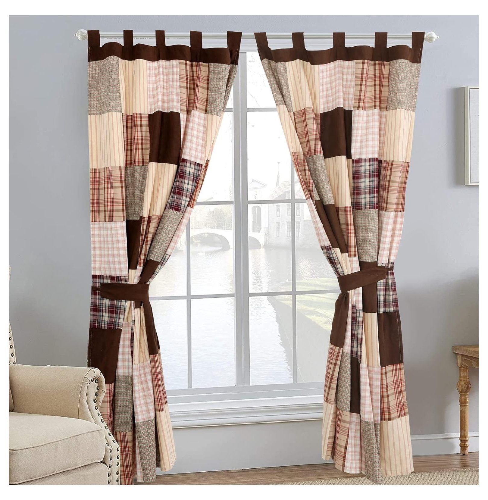 Brown Plaid Farmhouse Country Patchwork Window Curtains with Tie Backs ...