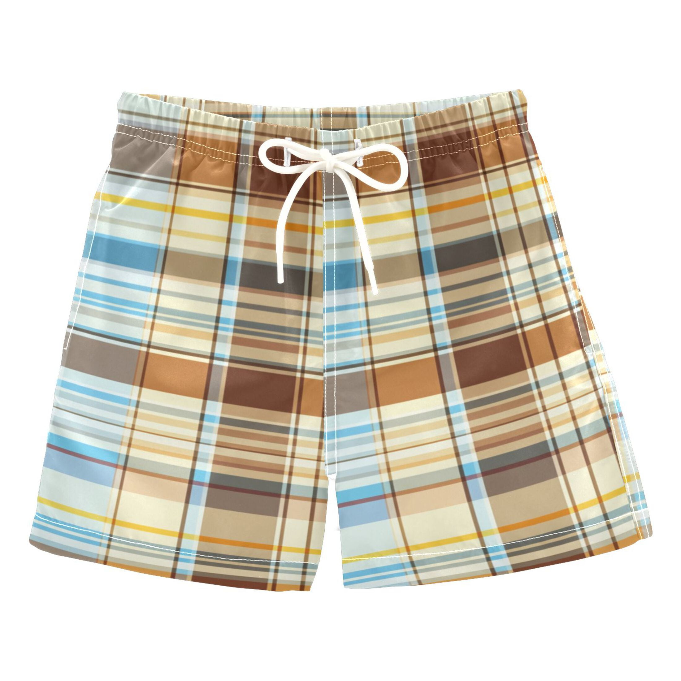 Brown Plaid Pattern Boys Swim Trunks Quick Dry Boy Swim Shorts for 3-14 ...