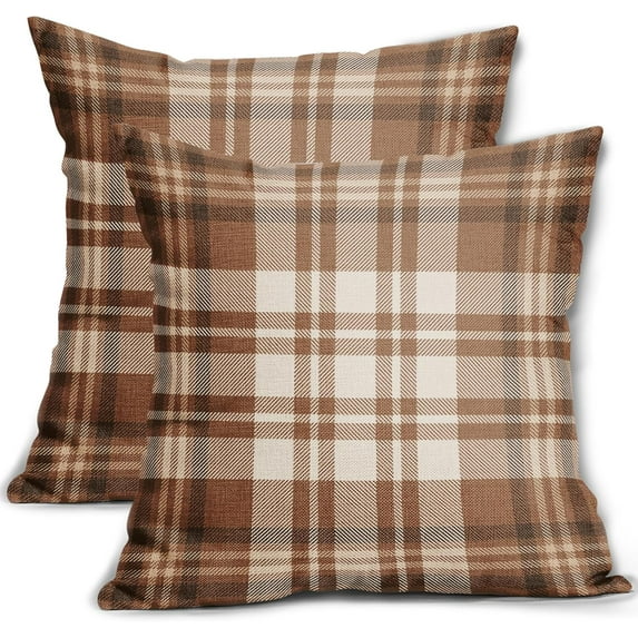 Brown Plaid Pillow Covers 18x18 Set of 2 Grey Cream Buffalo Plaid ...