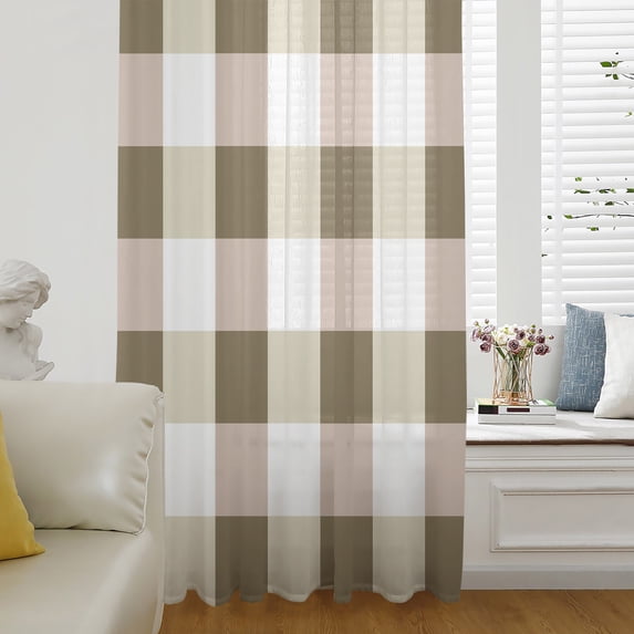 Brown Plaid Sheer Curtains 45 Inch Length, Light Filtering Voile ...