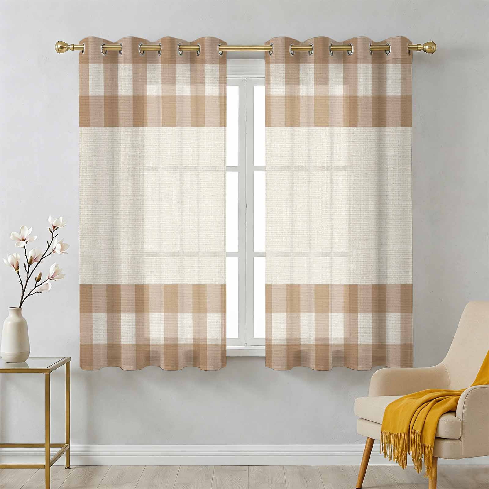 Brown Plaid Sheer Curtains 45 Inch Long 2 Panels, Retro Country Brown ...