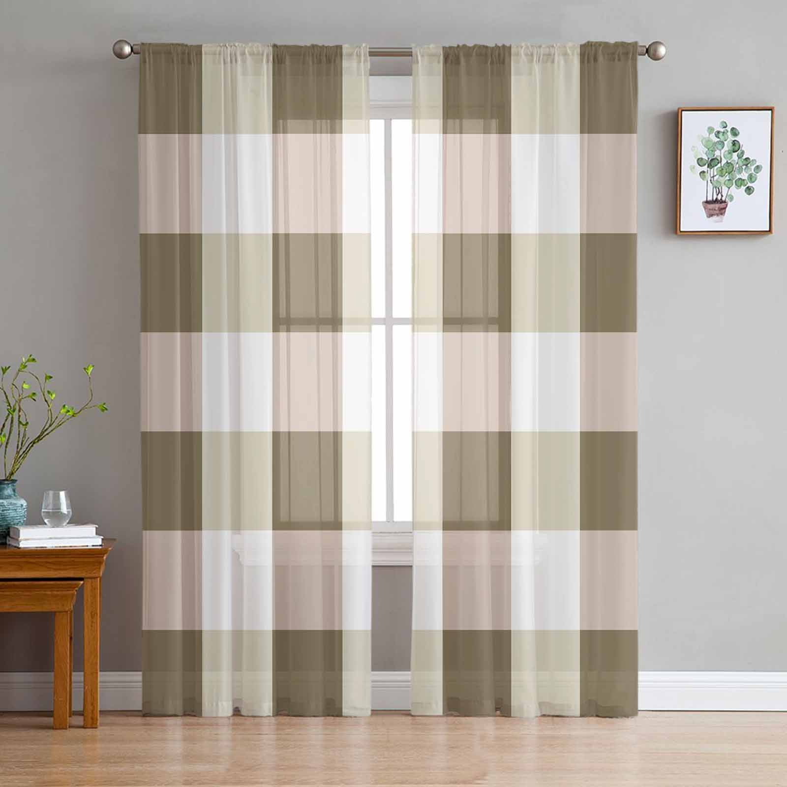 Brown Plaid Sheer Curtains 72 Inches Long 2 Panels Set, Window Sheer ...