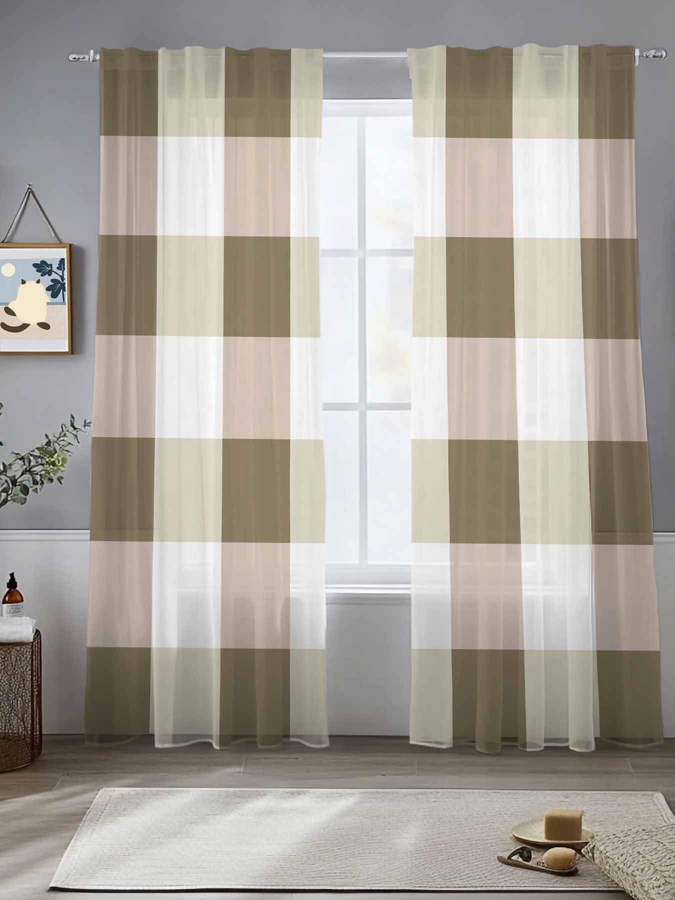 Brown Plaid Sheer Curtains for Living Room Bedroom Spring Summer ...