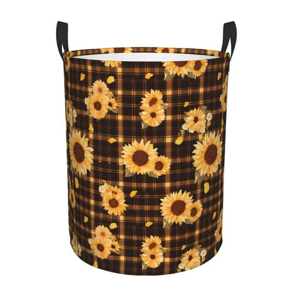 Brown Plaid Sunflower Laundry Basket with Handles - Freestanding ...