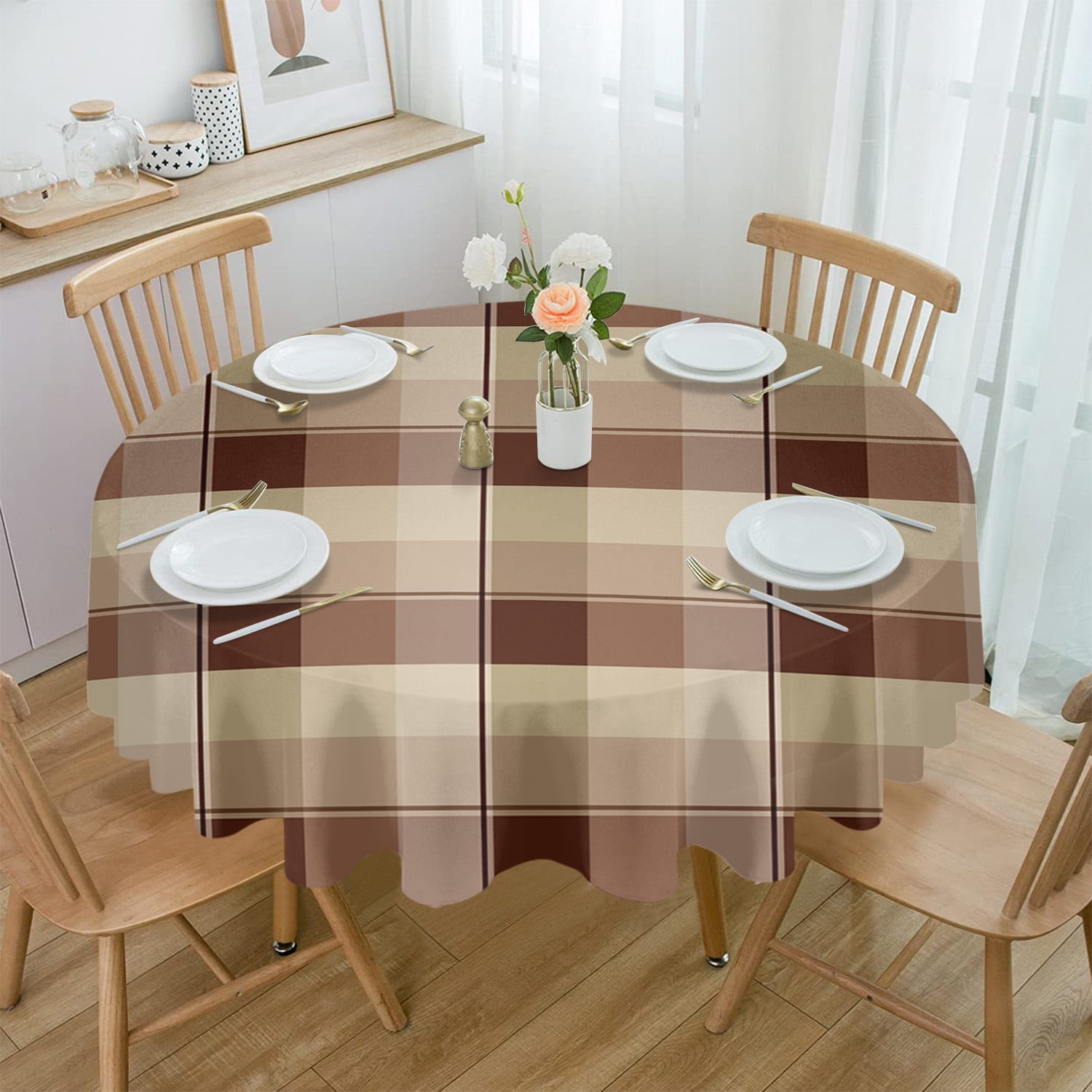 Brown Plaid Waterproof Tablecloth Tea Table ration Round Table Cover ...
