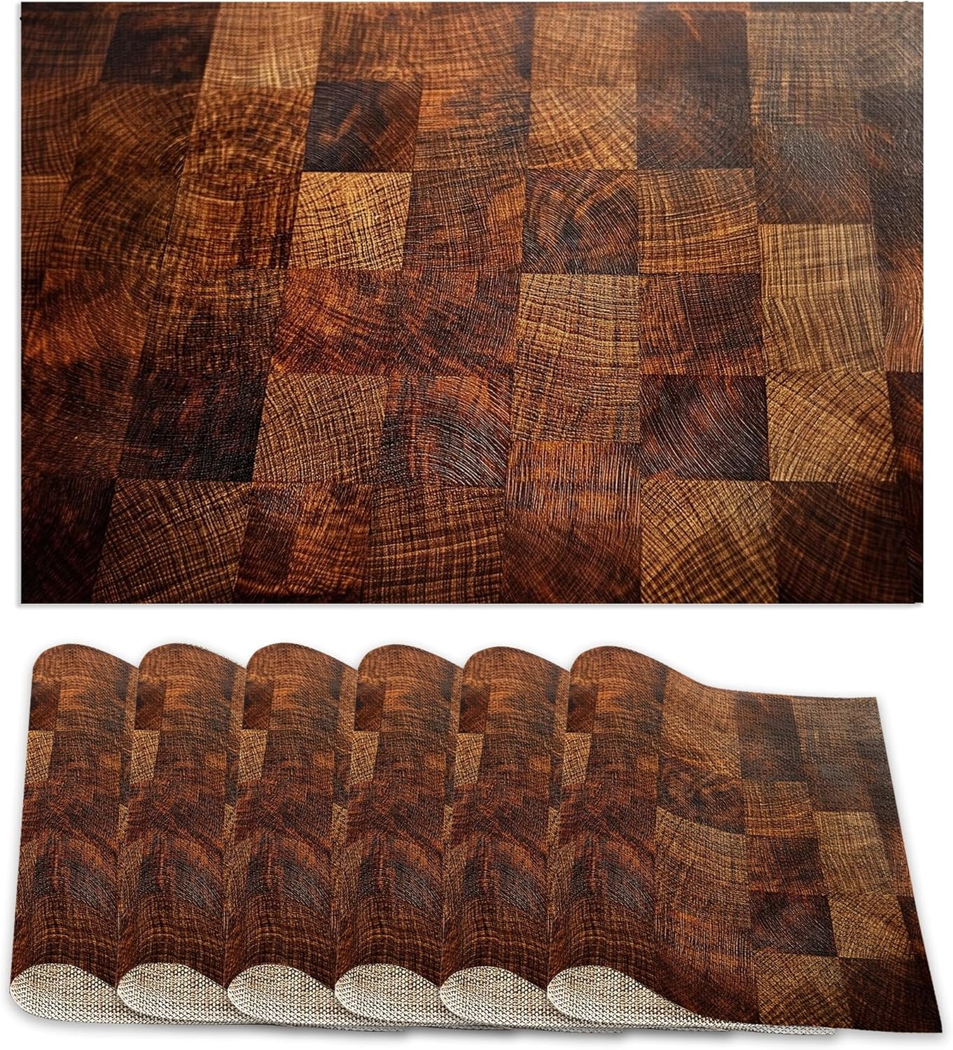 Brown Plaid Wooden Board Placemats Set of 6, Table Mates Non-Slip Heat ...