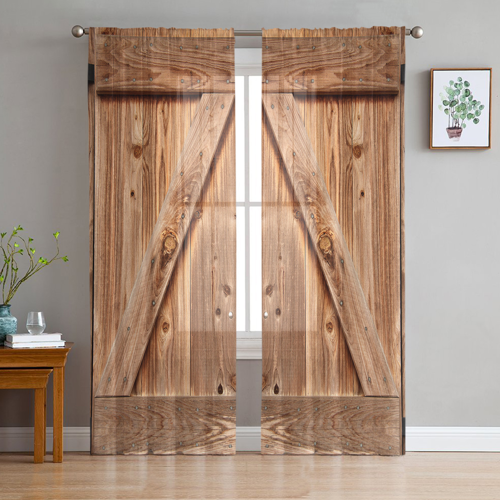 Brown Planks Retro Wood Grain Print Sheer Window Panel Curtains Room ...