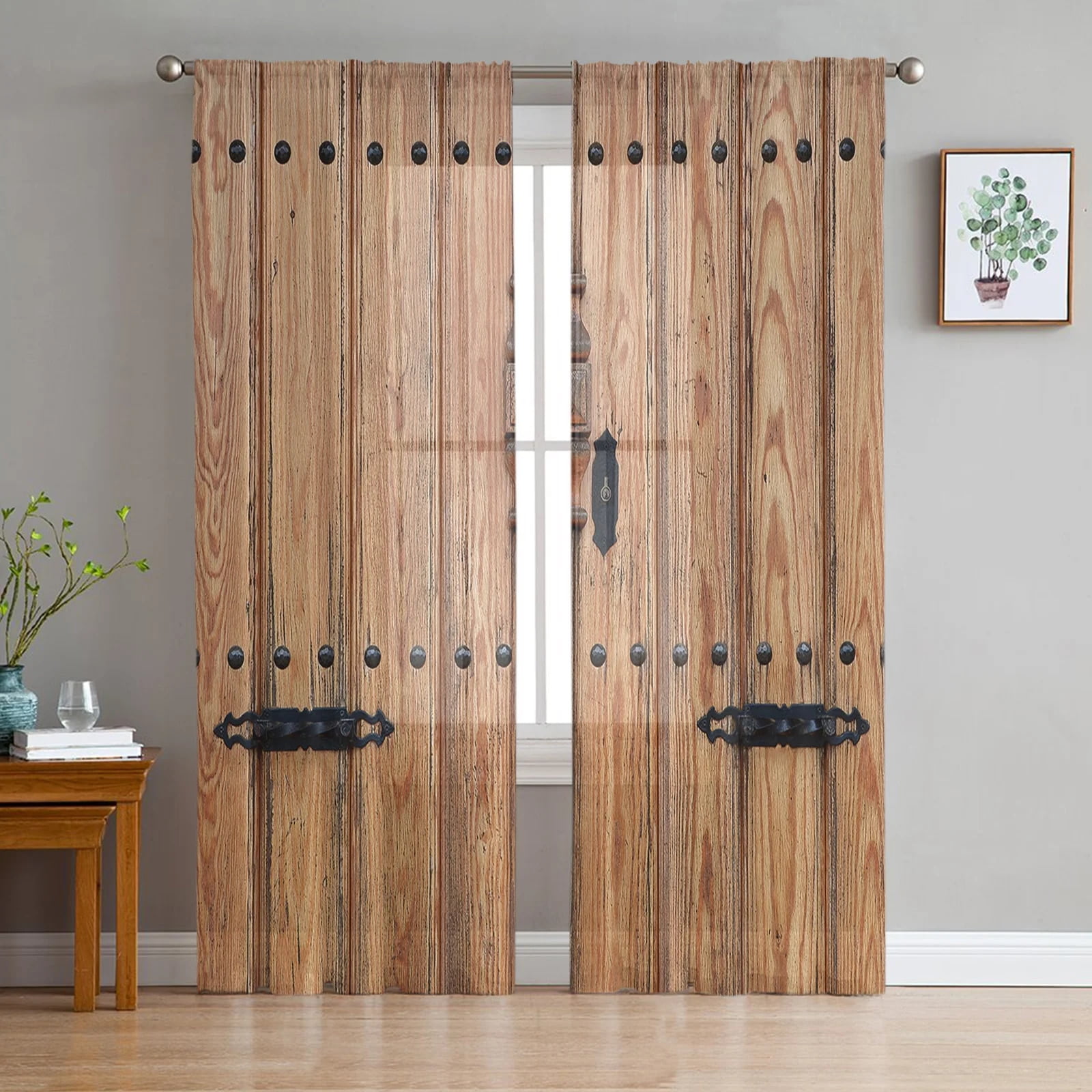 Brown Planks Retro Wood Grain Print Sheer Window Panel Curtains Room ...
