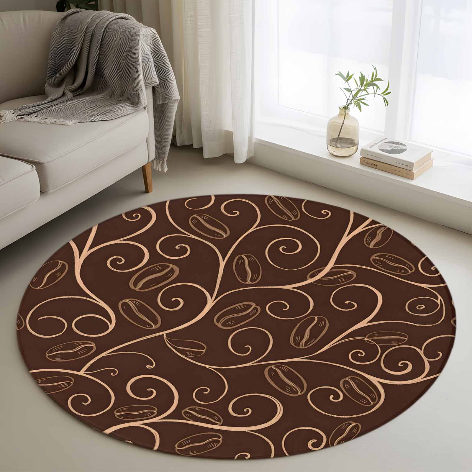 Brown Plants Round Area Rug 4 FT, Non Slip Indoor Outdoor Rug ...