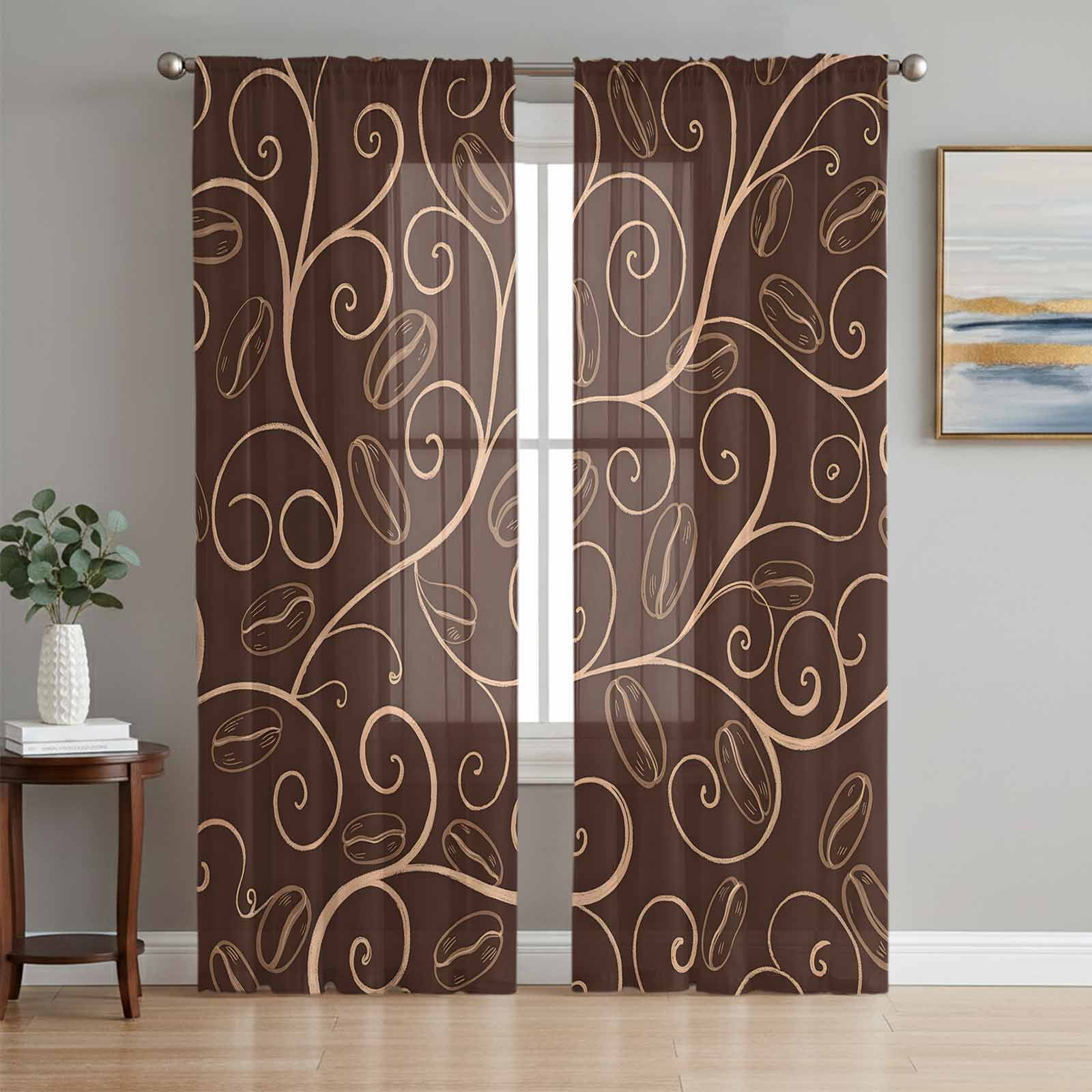 Brown Plants Semi Sheer Curtains 84 Inch Length 2 Panels Set, Farmhouse ...