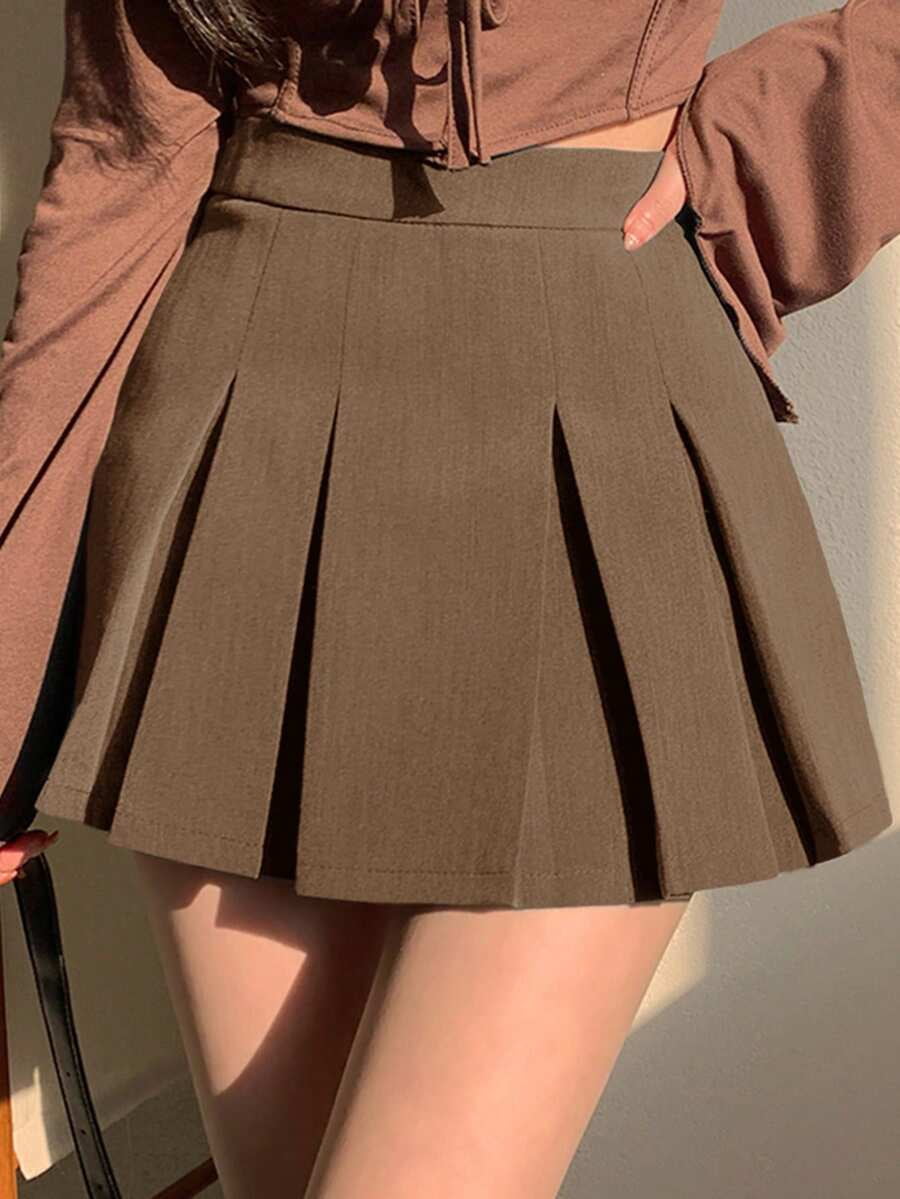 Brown Pleated A-Line Mini Skirt For Women, Academic Style Fall ...