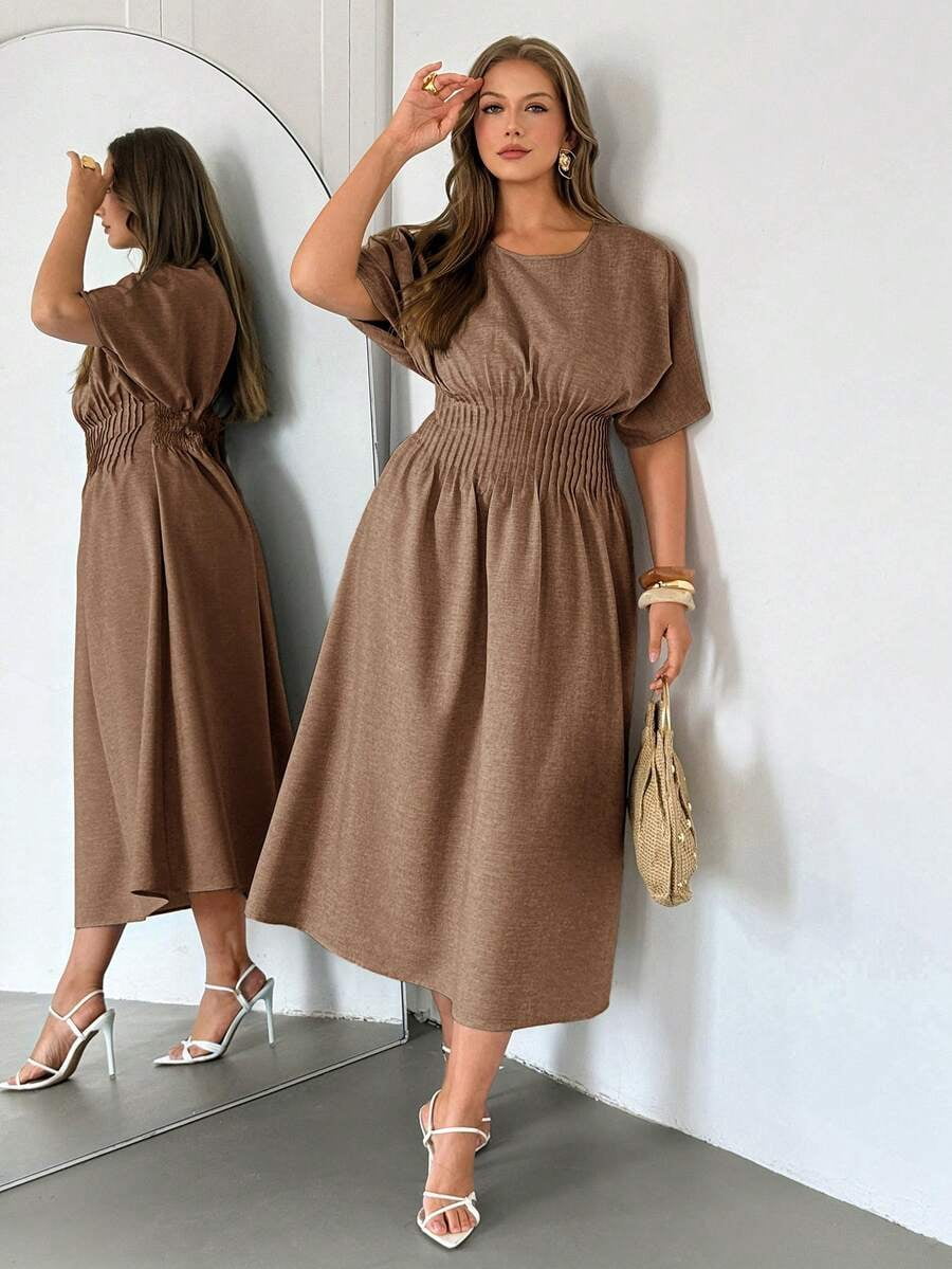 Brown Plus Size Women Summer Casual Dress With Pleated Waist And ...