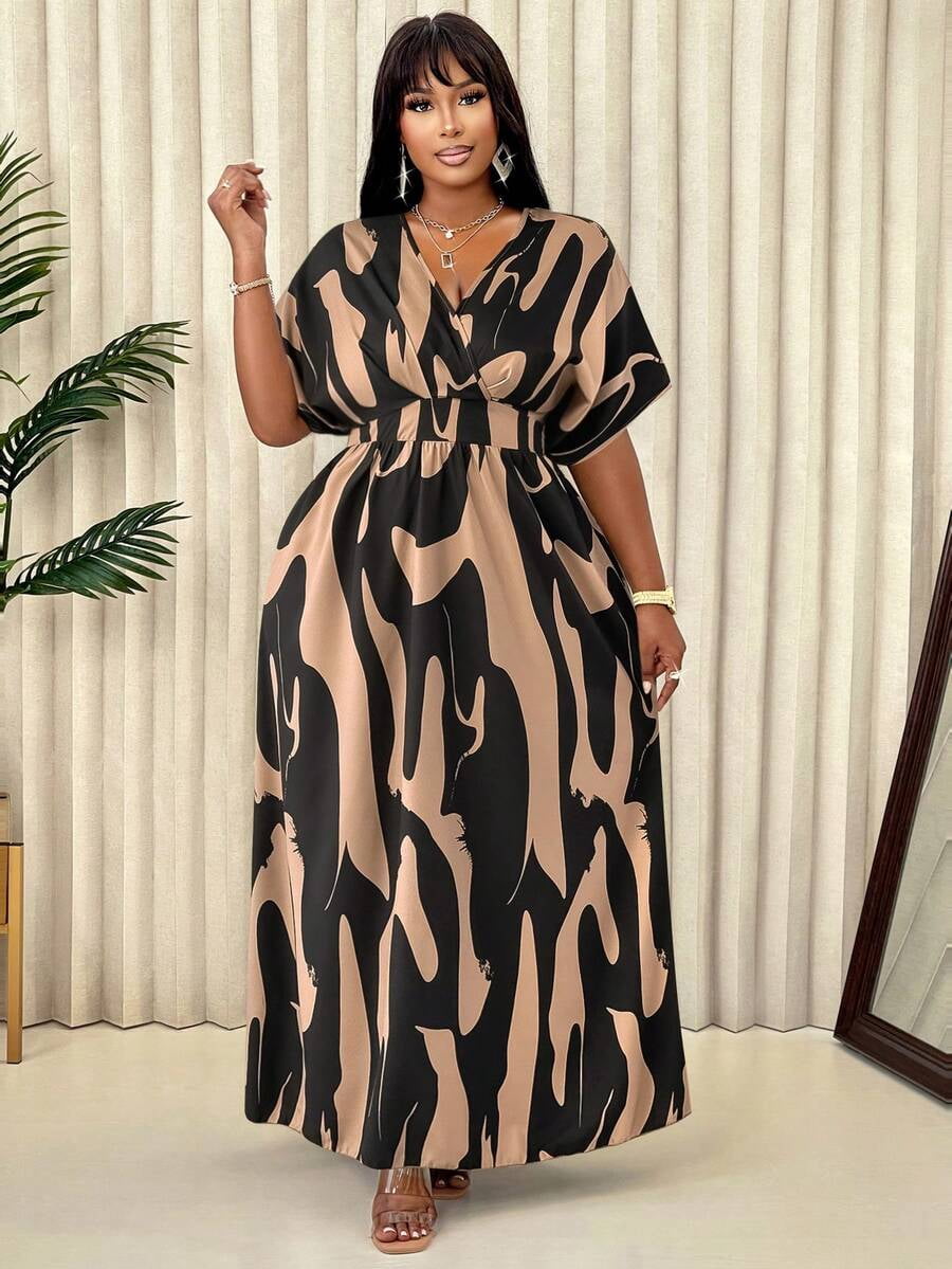 Brown Plus Size Women V-Neck Wrap Maxi Dress With Abstract Brushstroke ...