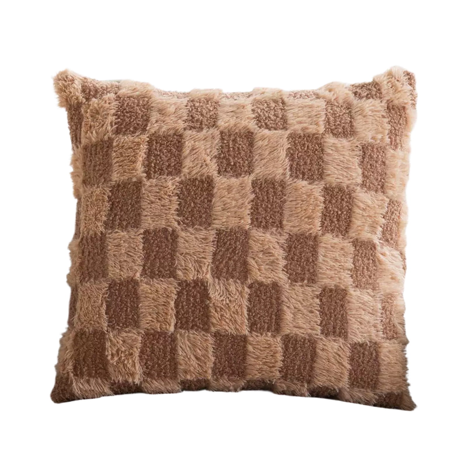 Brown Plush Checkerboard Pillowcase 45X45Cm Soft Fuzzy Fabric With ...