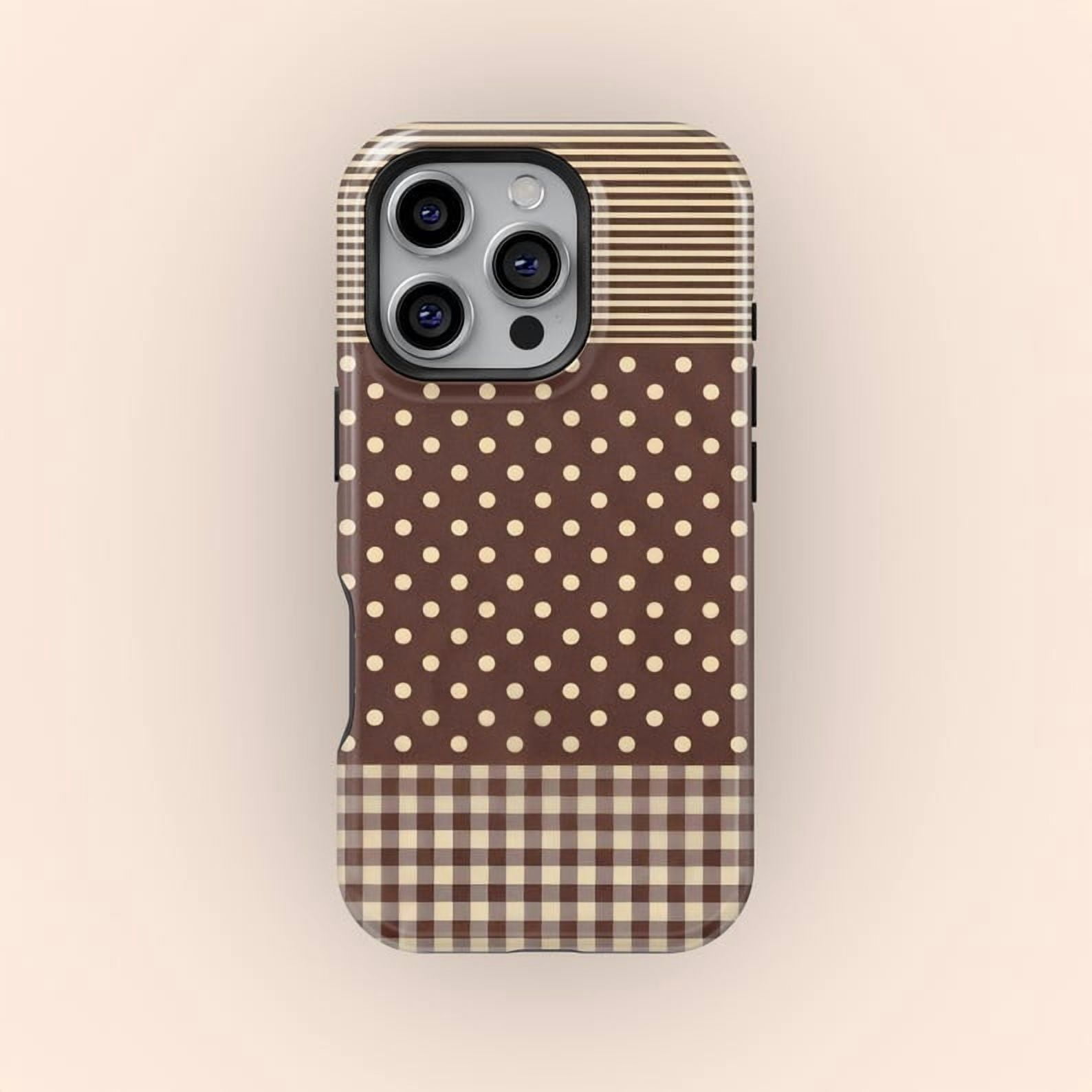 Brown Polka Dot Patchwork Phone Case for iPhone 11 12 13 14 15 16 Pro ...