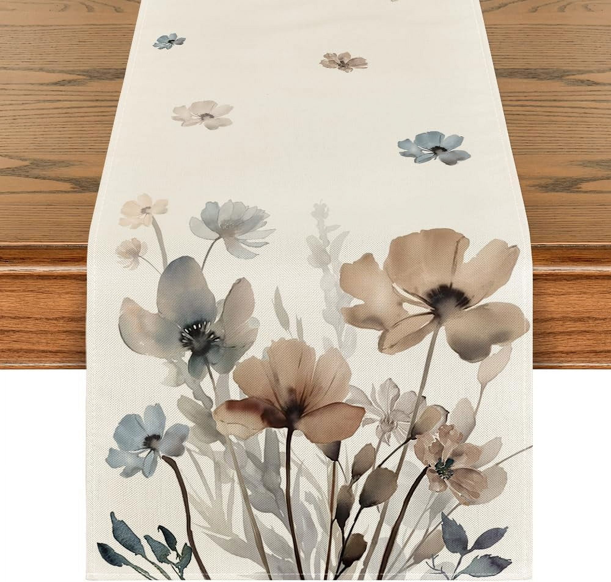 Brown Poppy Floral Leaves Spring Table Runner, Seasonal Summer Kitchen ...