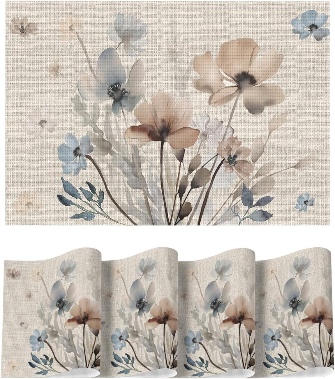 Brown Poppy Floral Vinyl Plastic Placemats Set of 4, Washable Non-Slip ...