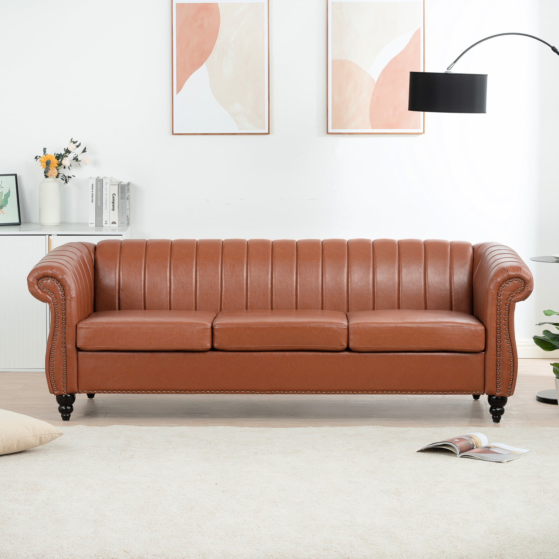 Brown Pu Three Seater Folding , 83.23" Wide, Rolled Arm, , Portable ...