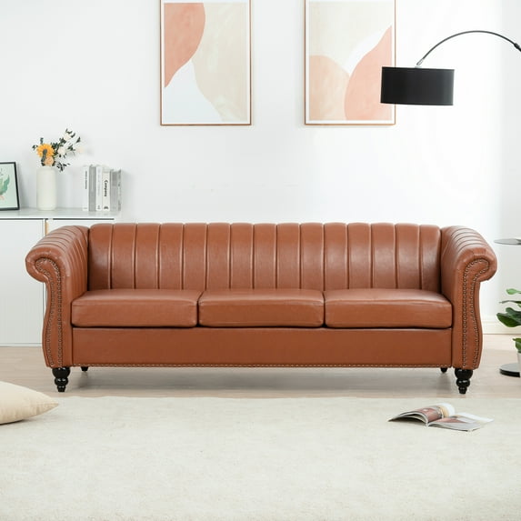 Brown Pu Three Seater Folding , 83.23" Wide, Rolled Arm, , Portable ...