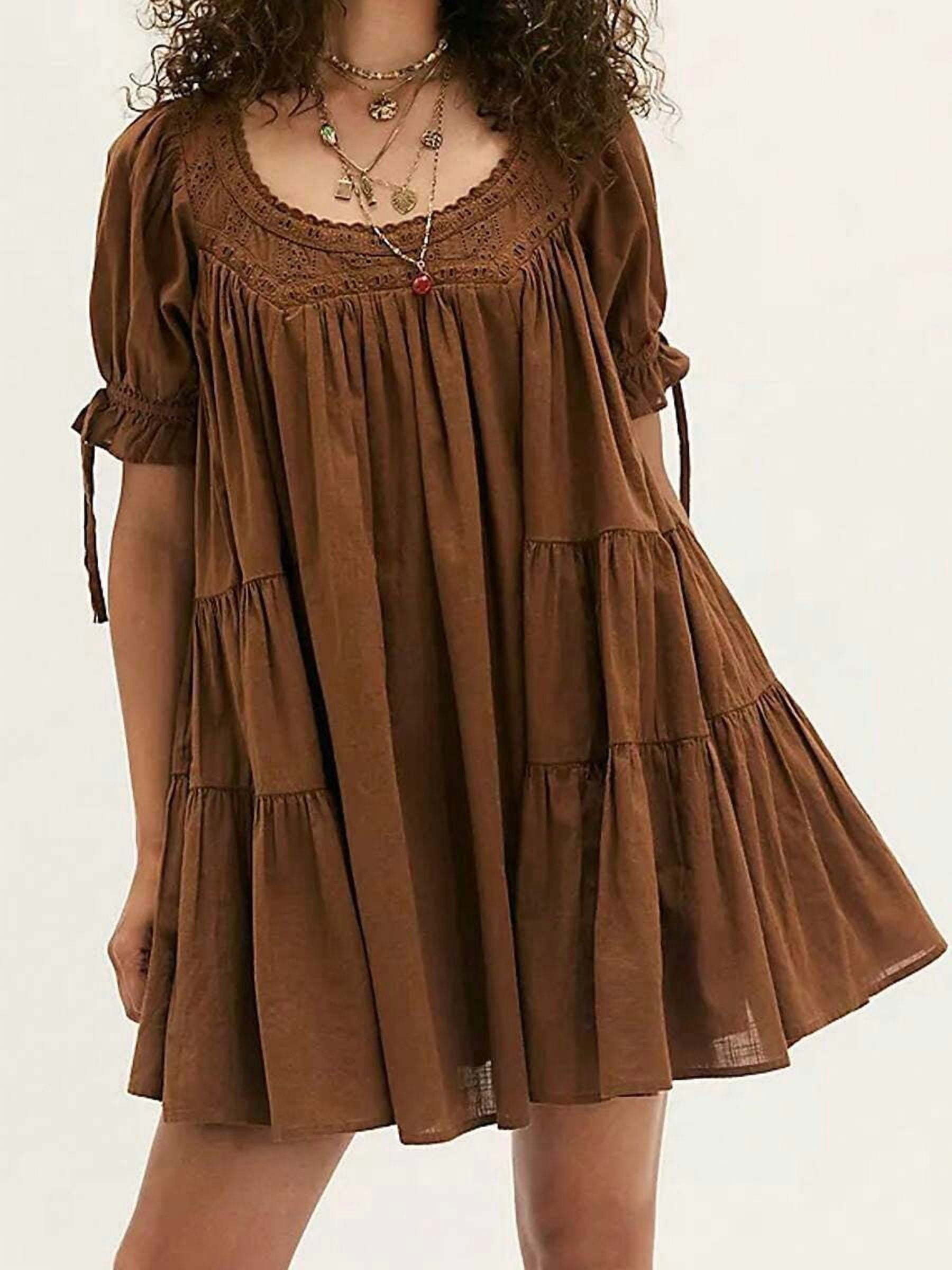 Brown Puff Sleeve Babydoll Mini Dress With Lace Trim Square Neck Flowy ...