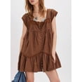 Brown Puff Sleeve Square Neck Babydoll Mini Dress With Lace Trim And ...