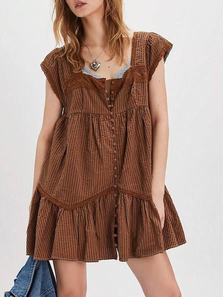Brown Puff Sleeve Square Neck Babydoll Mini Dress With Lace Trim And ...