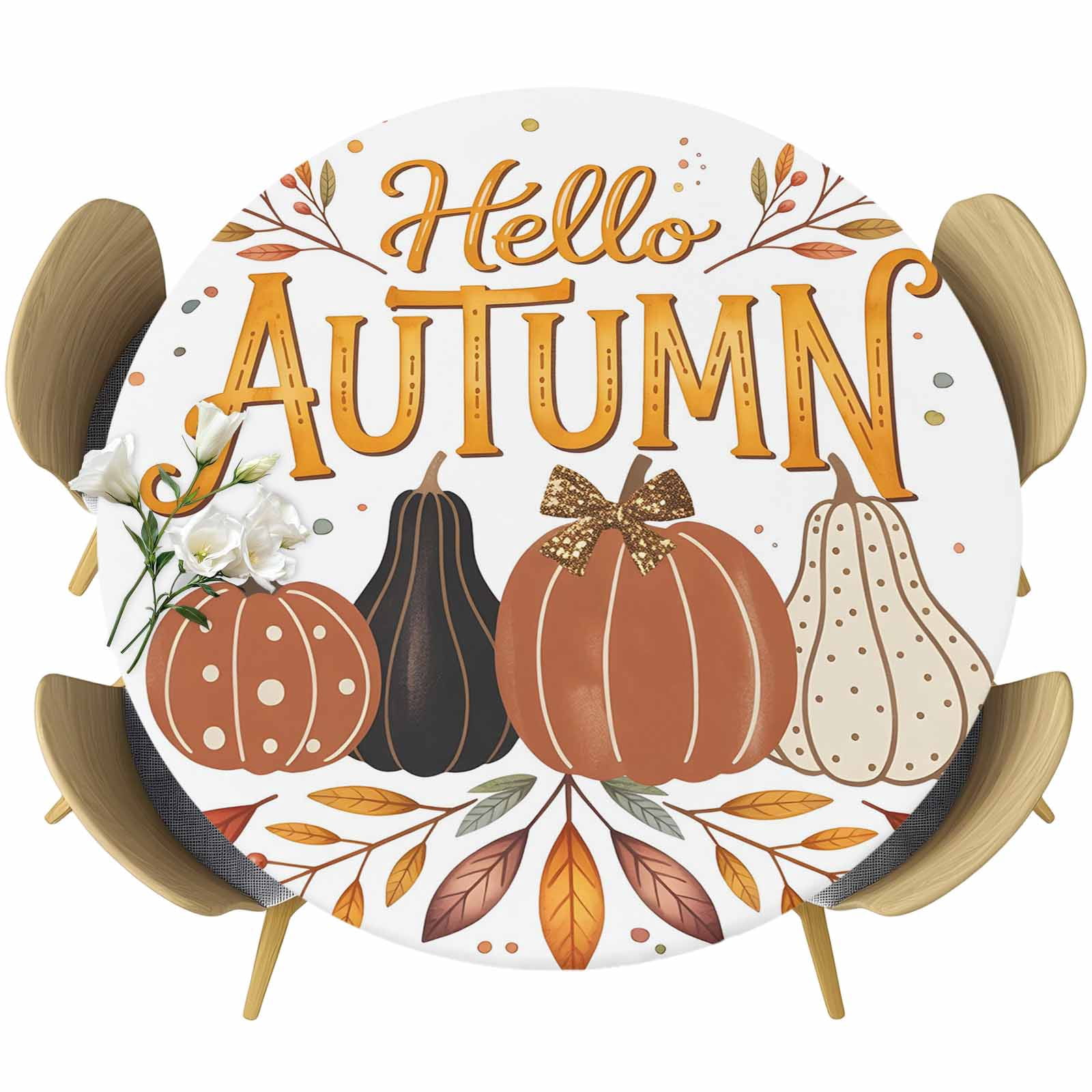 Brown Pumpkin Round Tablecloth, Fitted Table Cover with Elastic for 36 ...