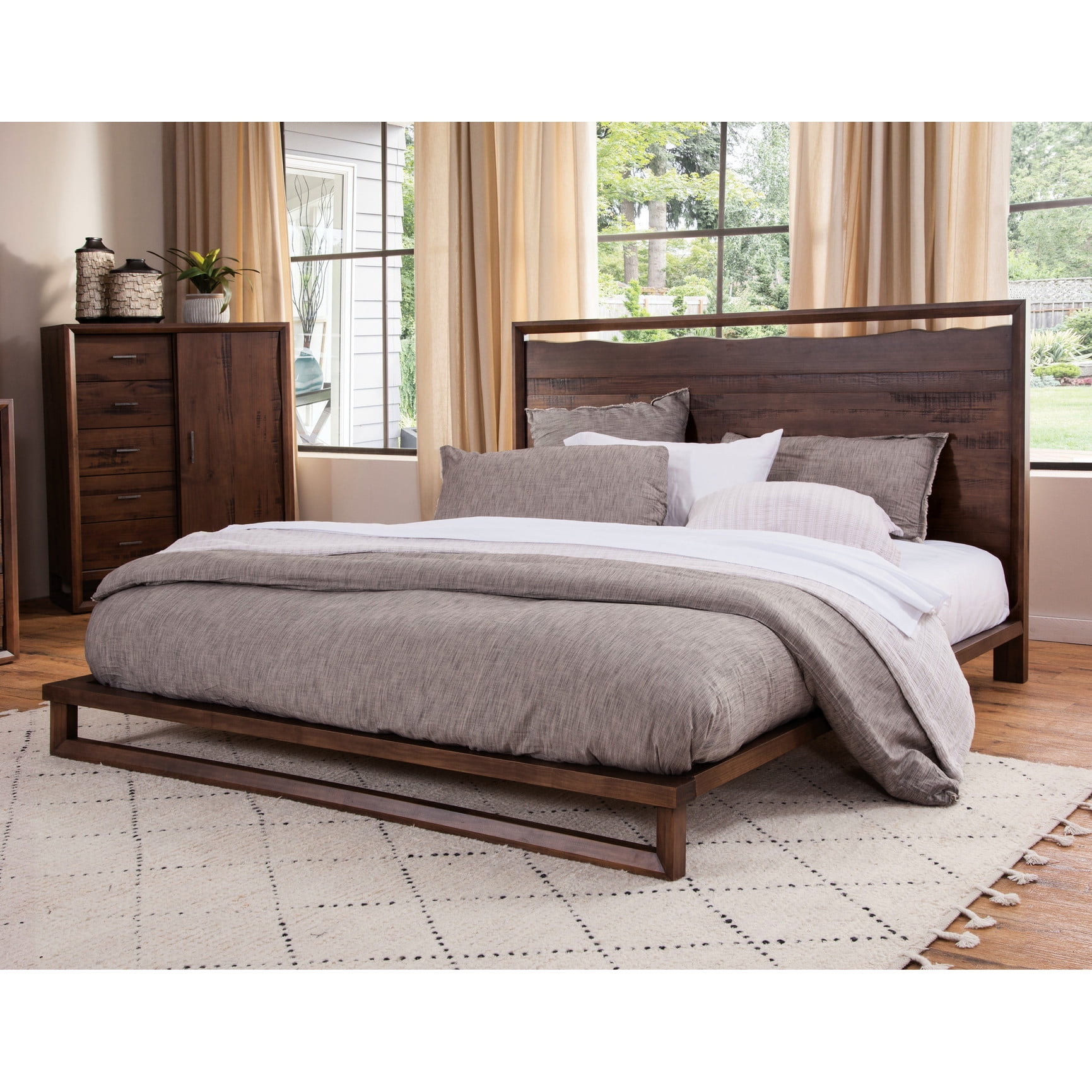 Brown Queen Platform Bed - Solid Pine, Modern Rustic Luster And Sleek ...