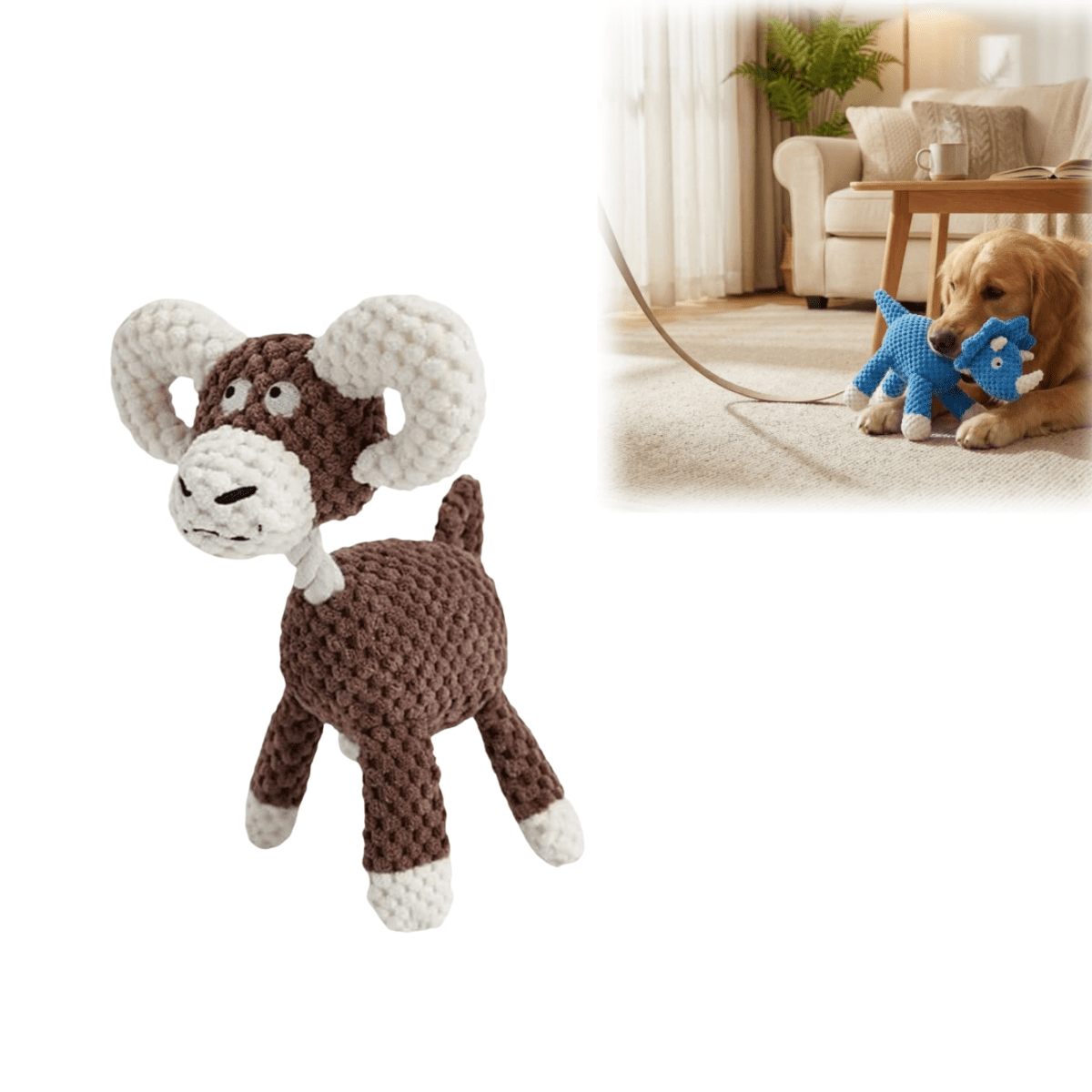 Brown Ram Squeaky Plush Dog Toy Interactive Chewable Pet Toy with Built ...