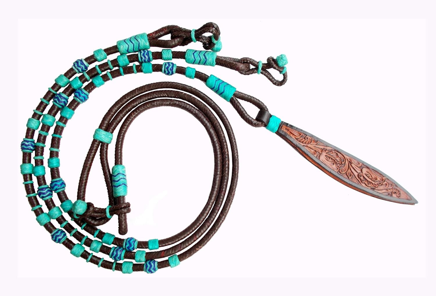 Brown Rawhide Romal Reins – Hand-Braided 8.5 Ft Rope with Turquoise ...
