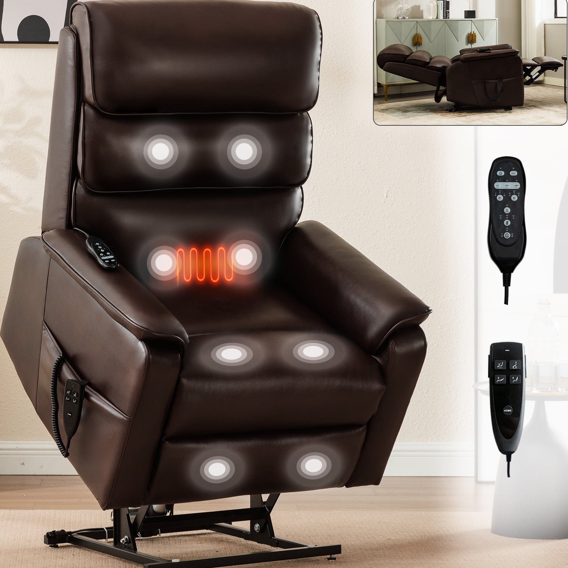 Brown Recliner Chair With Dual Motor Lift, Lumbar Heat, Metal Frame 180 ...