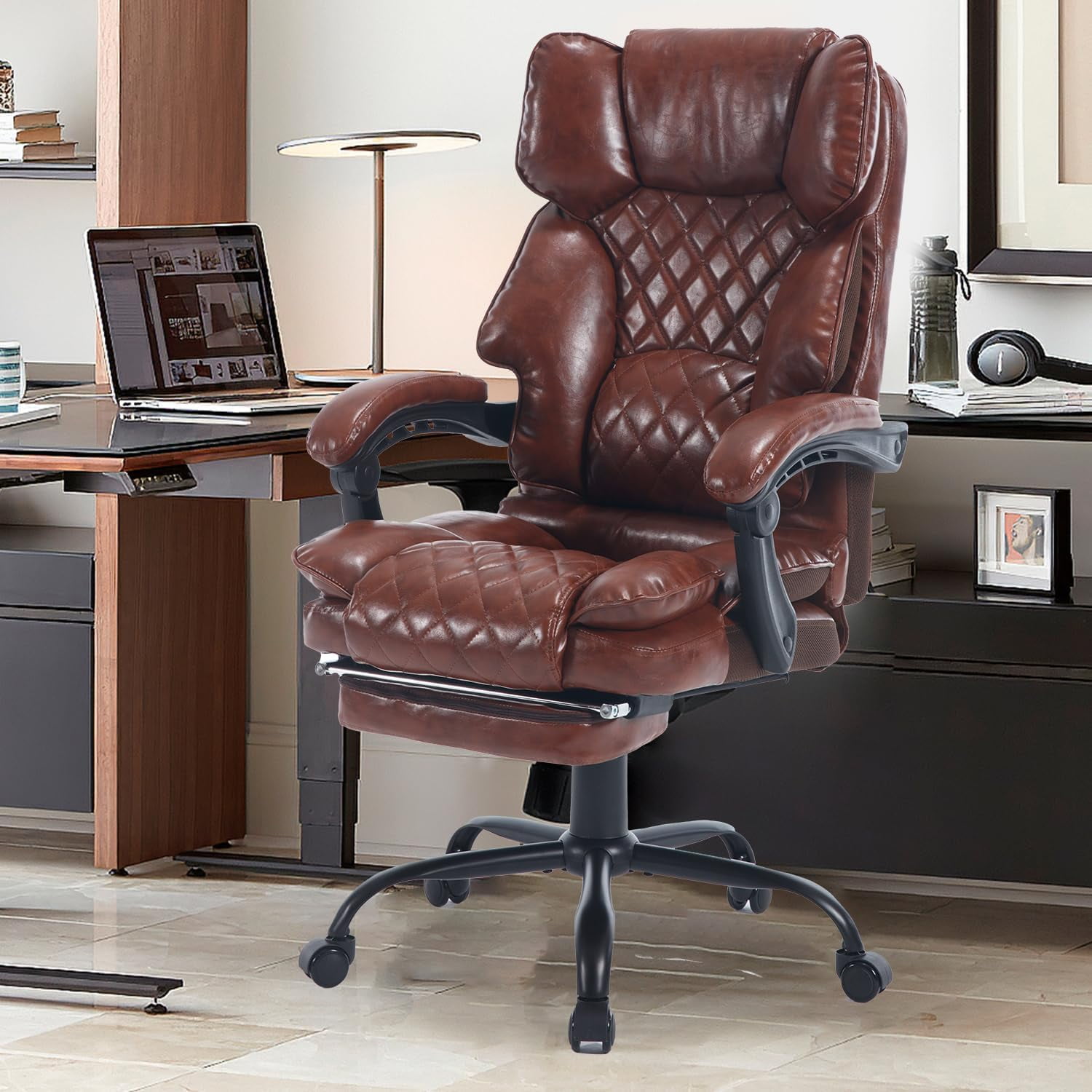 Brown Reclining Office Chair with Footrest, Ergonomic Executive Office ...
