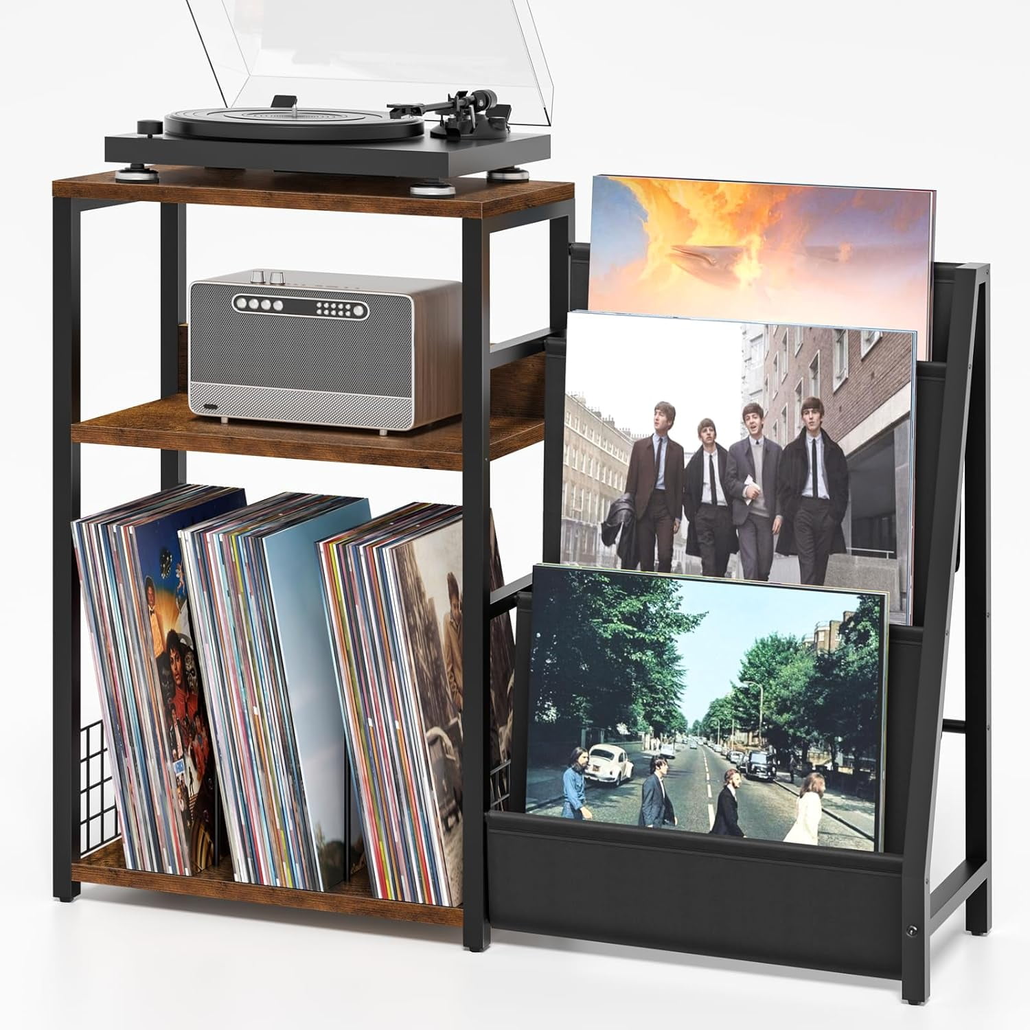 Brown Record Player Table with Vinyl Display Shelf Storage Up to 150 ...