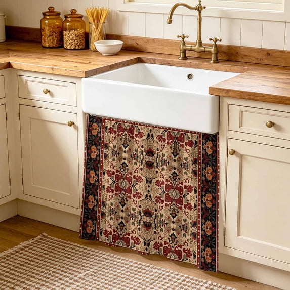 Brown Red Boho Cabinet Curtains 35"W x 35"L, Vintage Geometric Abstract ...
