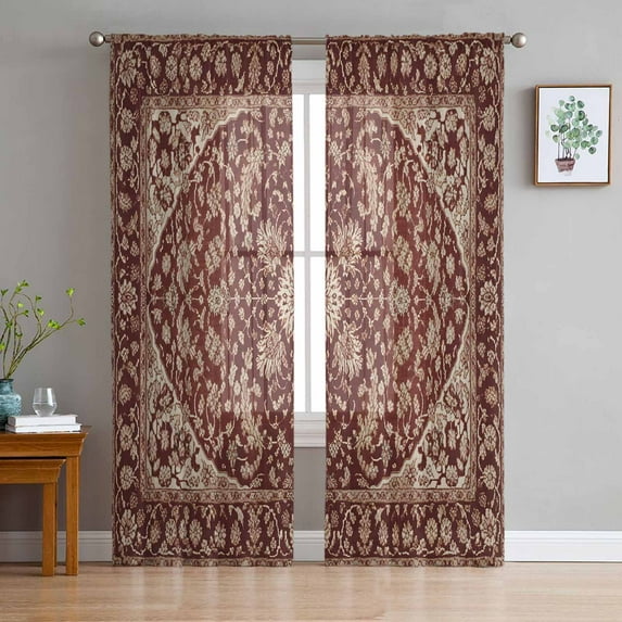 Brown Red Boho Sheer Curtains 96 Inches Long 2 Panels Set, Window Sheer ...