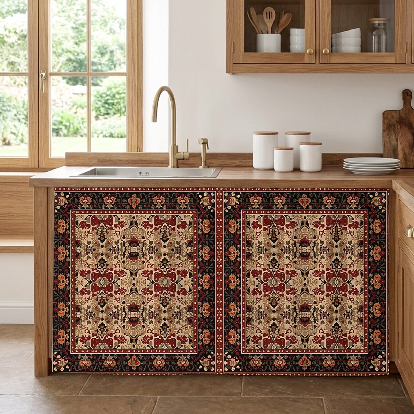 Brown Red Boho Sink Skirt Curtain 32''x55'', Vintage Geometric Abstract ...