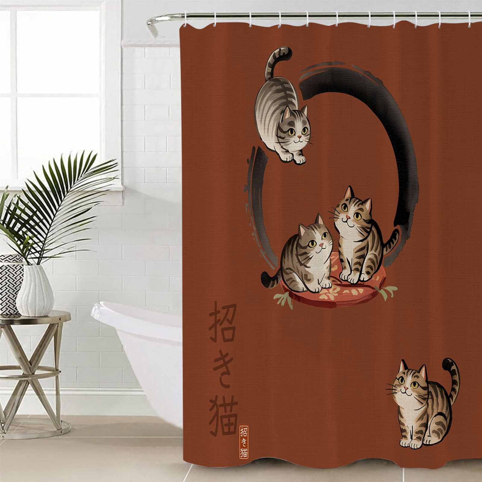 Brown Red Cute Cat Extra Long Shower Curtain Set, Waterproof Shower ...