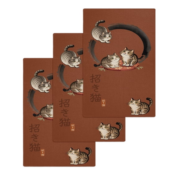 Brown Red Cute Cat Kitchen Dish Towels for Drying Dishes Set of 3 ...