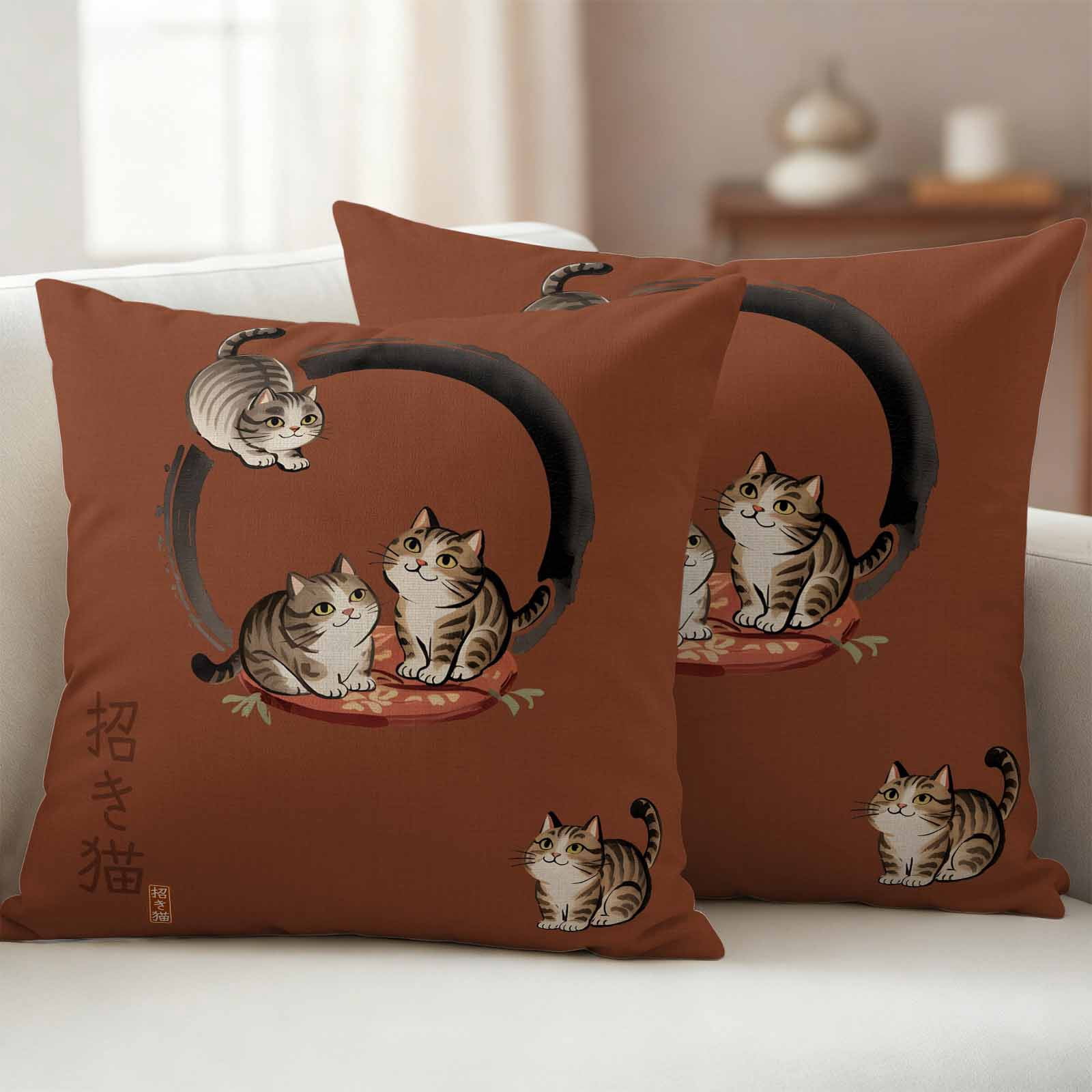 Brown Red Cute Cat Outdoor Waterproof Throw Pillow Covers 20x20 Set of ...
