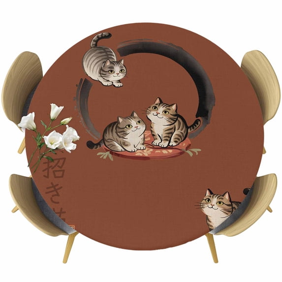 Brown Red Cute Cat Round Tablecloth, Fitted Table Cover with Elastic ...