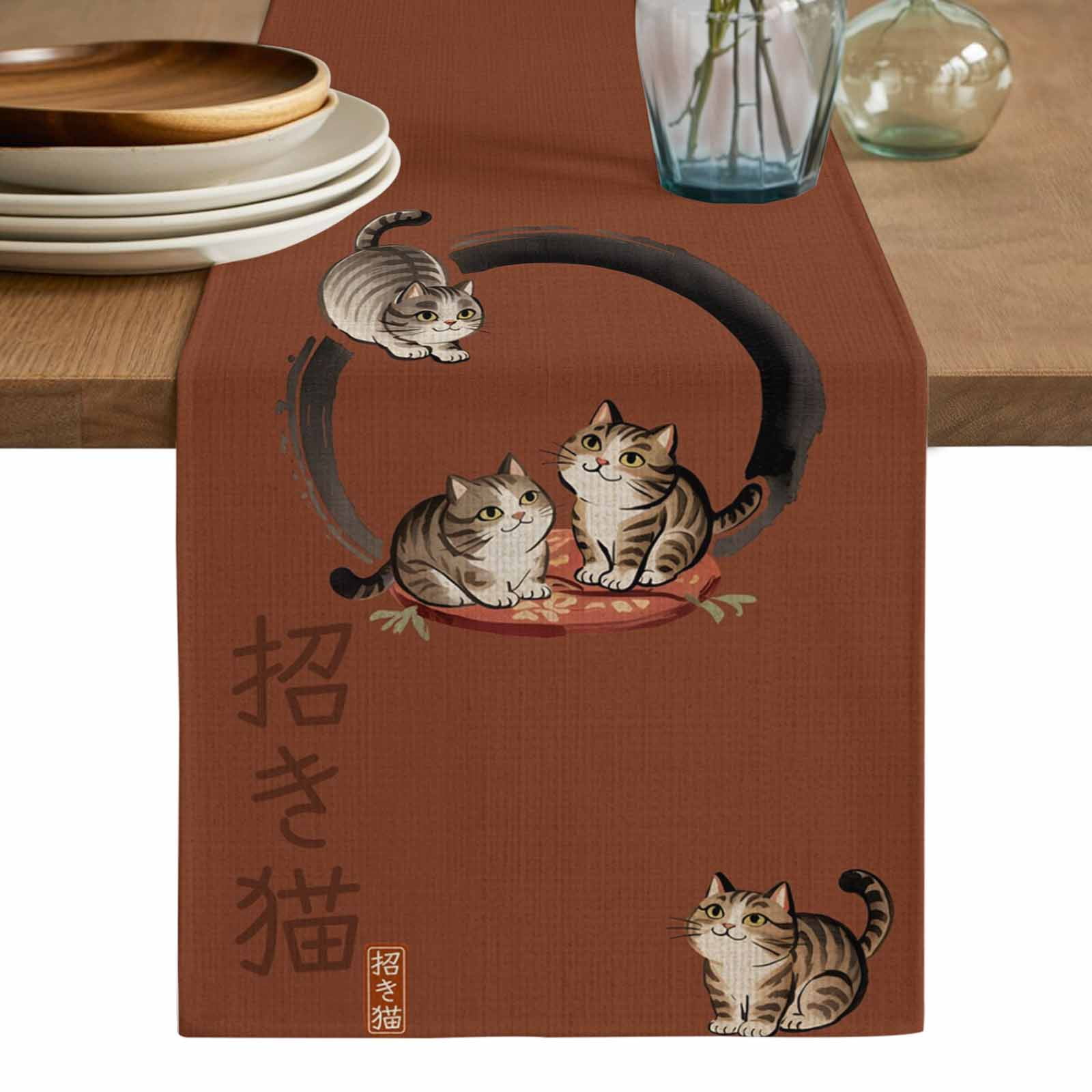 Brown Red Cute Cat Table Runner, Modern Art Washable Cotton Linen Table ...