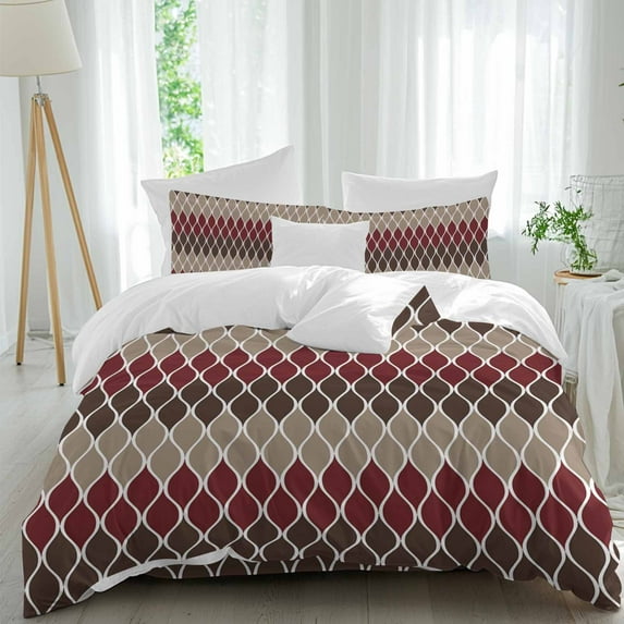 Brown Red Duvet Cover Set Twin Size, Geometric 4 Piece Soft Microfiber ...