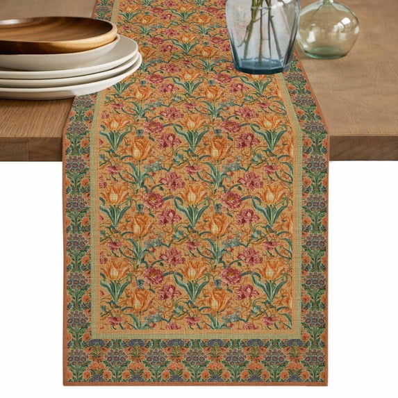Brown Red Floral Boho Table Runner, Vintage Ethnic Tribe Abstract Art ...