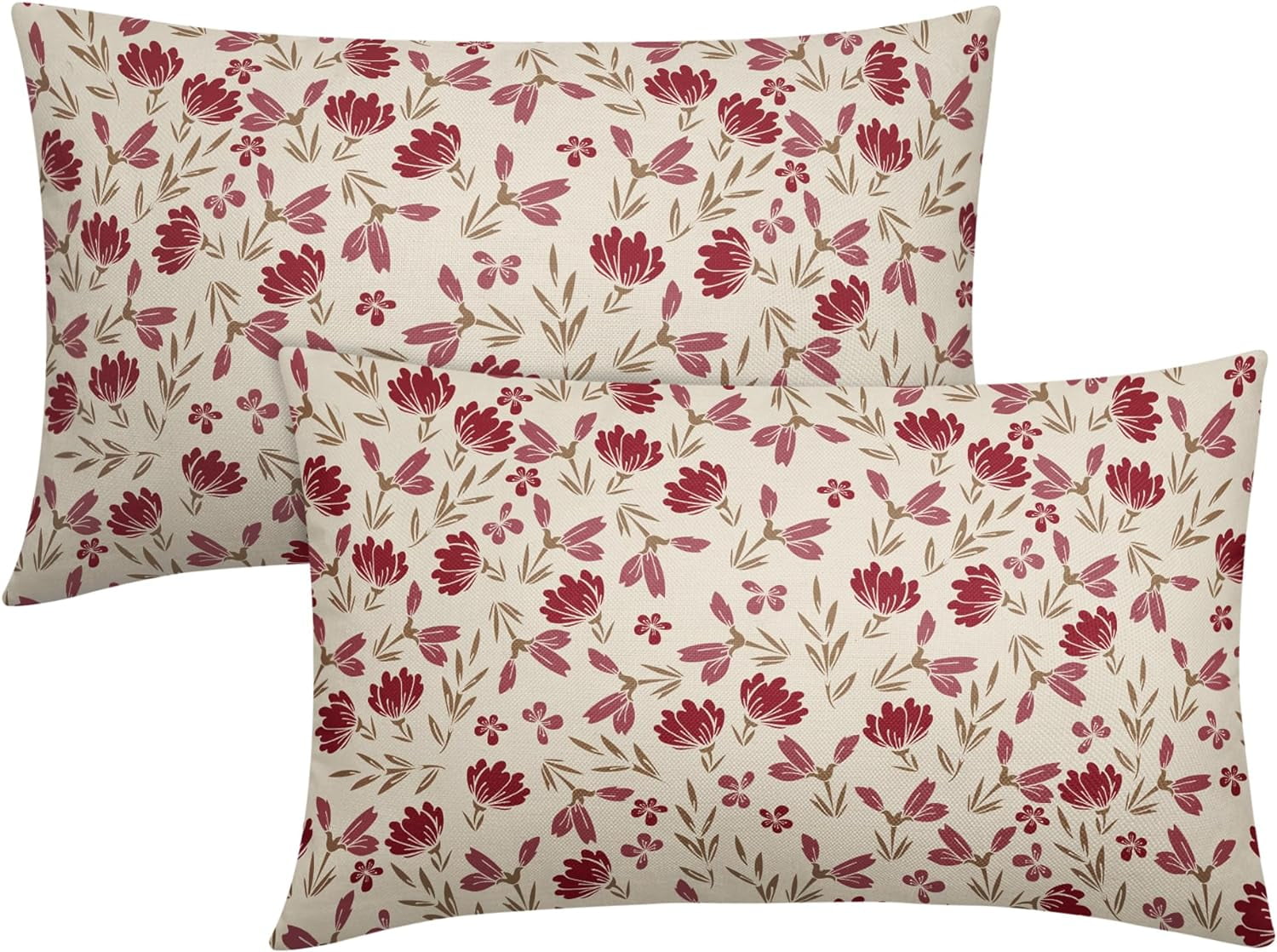 Brown Red Floral Pillow Covers 12x20 Set of 2 Vintage Rustic Old Style ...
