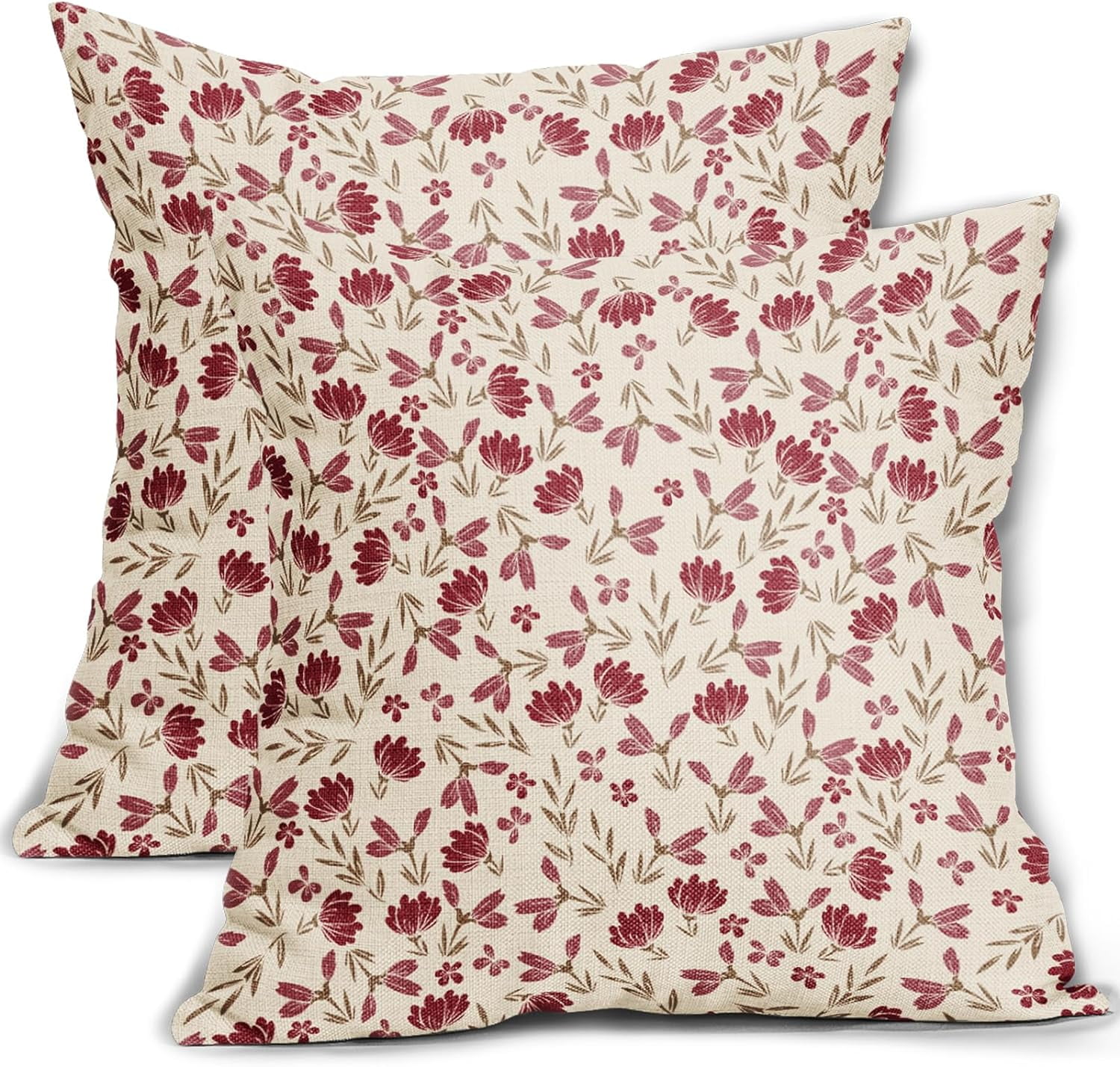 Brown Red Floral Pillow Covers 18x18 Set of 2 Vintage Rustic Old Style ...