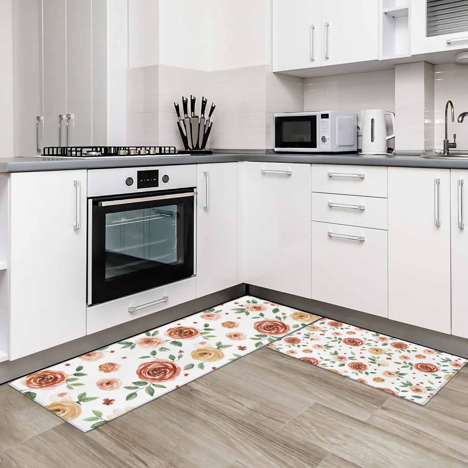 Brown Red Flowers 2 Pieces Non-Slip Kitchen Mat Set Rustic Botanical ...