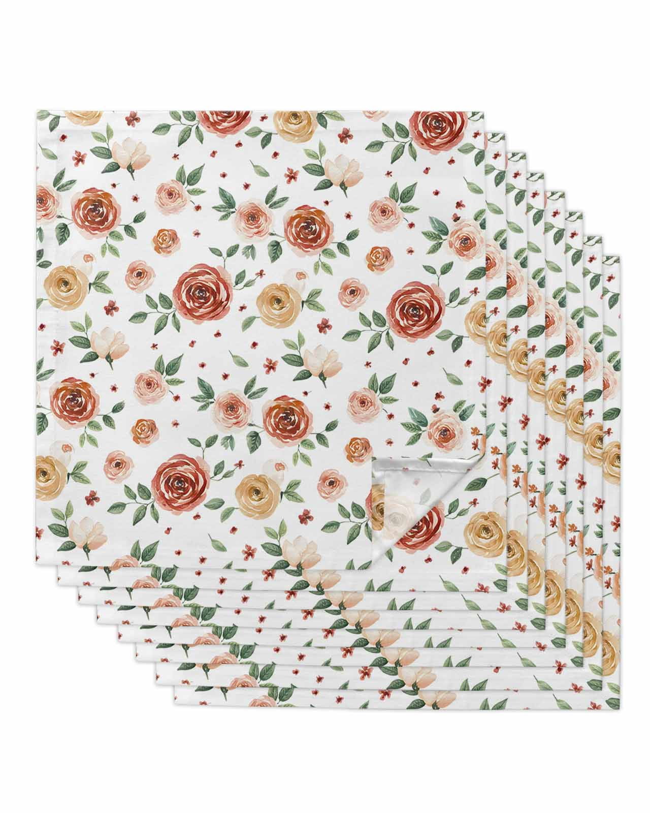 Brown Red Flowers Cloth Napkins Set of 8 Reusable Dinner Napkins ...