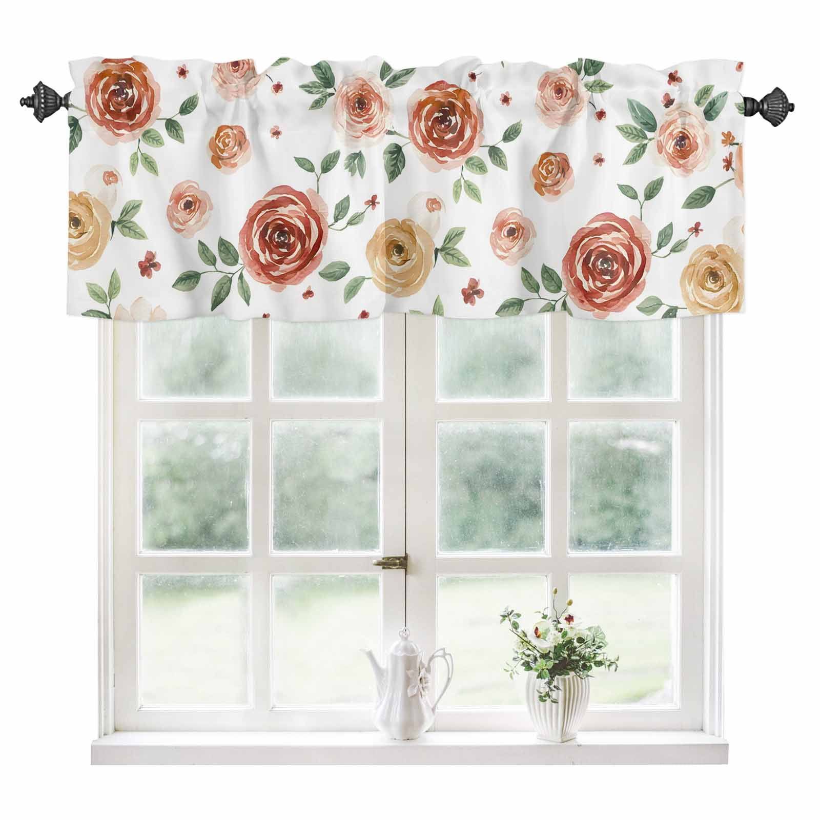 Brown Red Flowers Kitchen Valances for Windows 60x18 Inch Kitchen ...